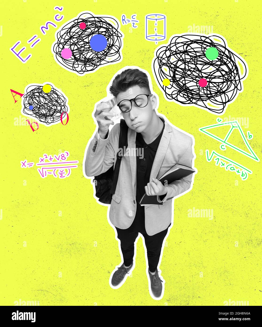 Contemporary art collage of student boy doing math sum task isolated ...