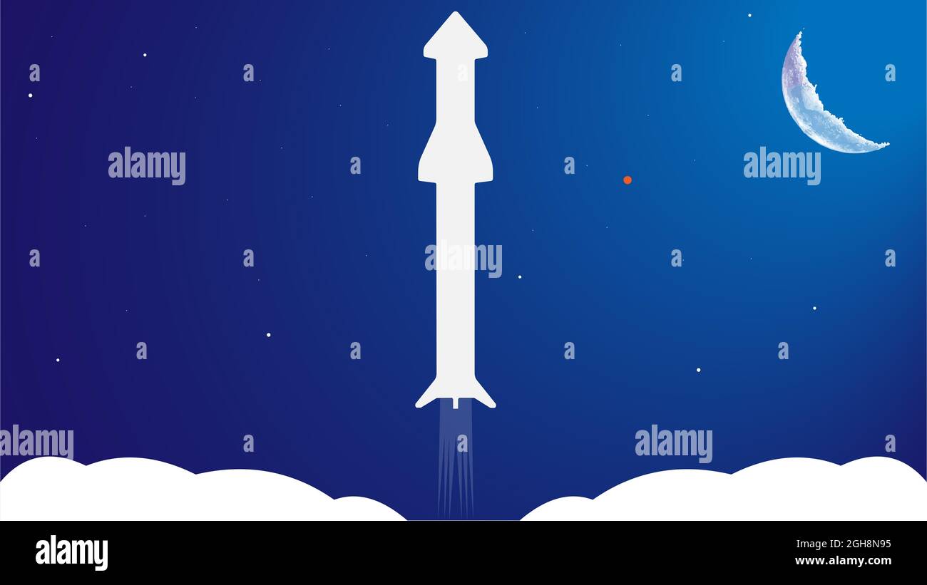 Illustration of a rocket ship against blue sky with moons and stars ...