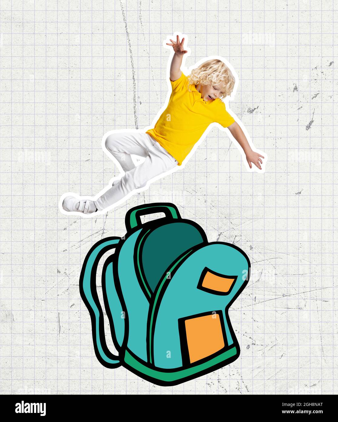 Contemporary art collage of little schoolboy falling into school ...