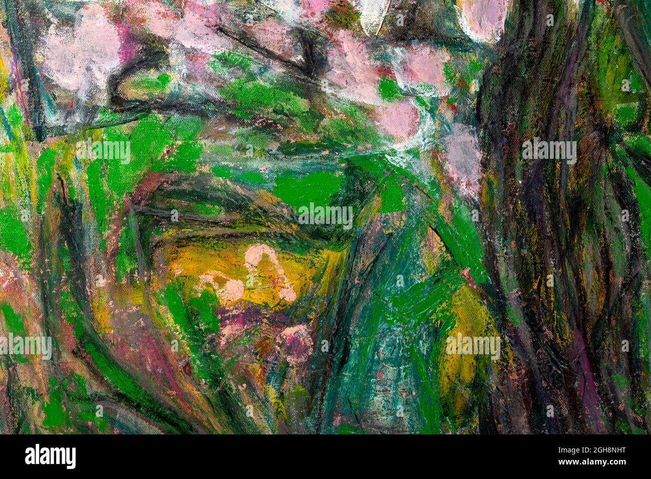 Abstract oil painting landscape on canvas. Semi- abstract of trees in ...