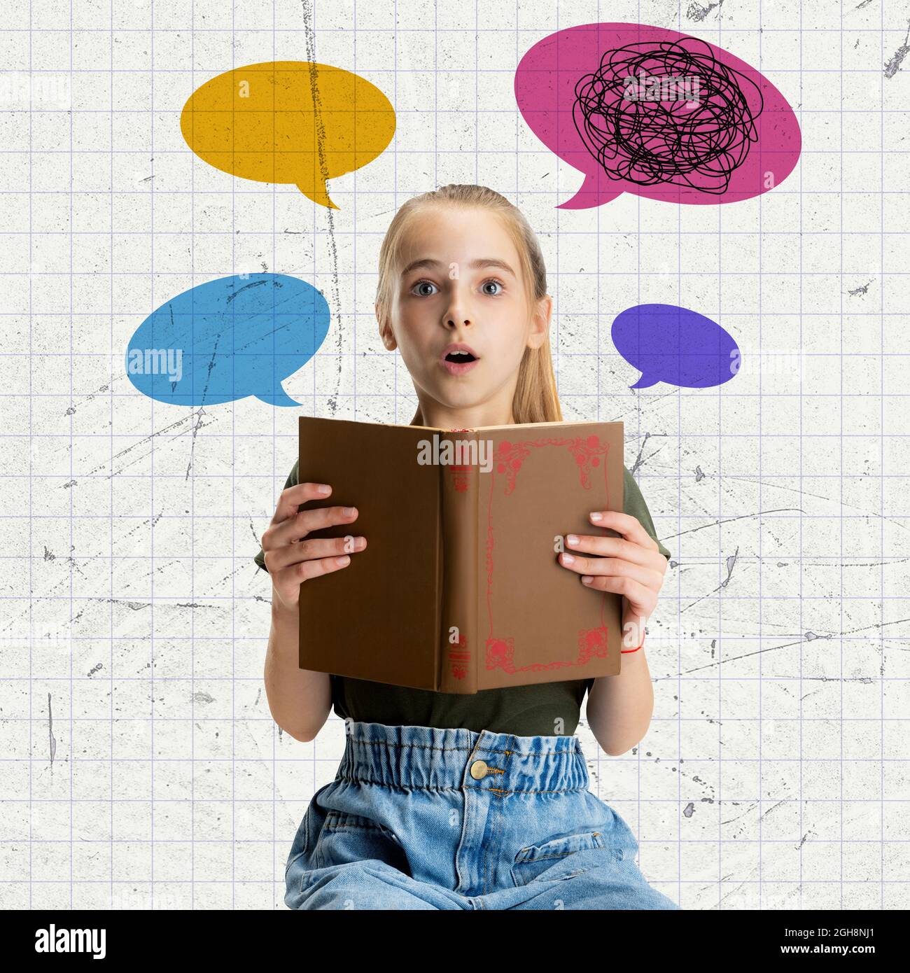 Contemporary art collage of little girl reading book. Concept of online ...