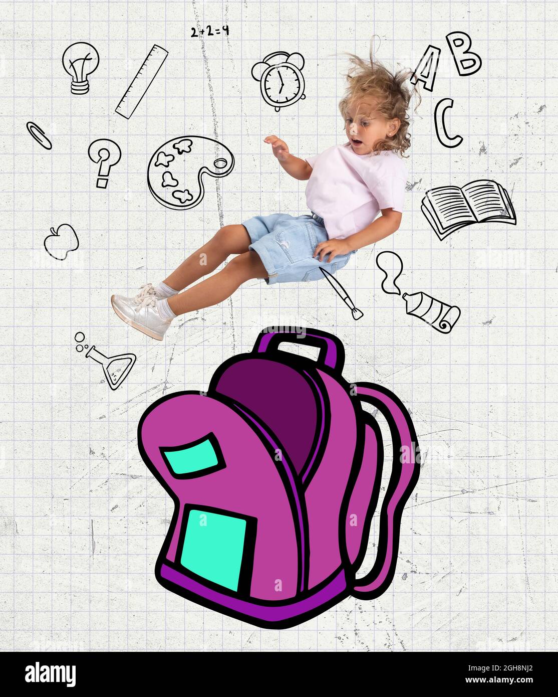 Contemporary art collage of little schoolgirl falling into school ...
