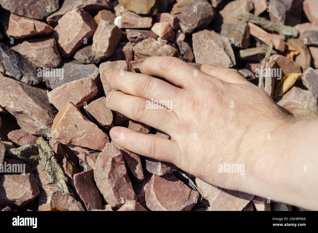 A man's hand rests on Crimson Quartzite. Chipped rubble stone. R Stock ...