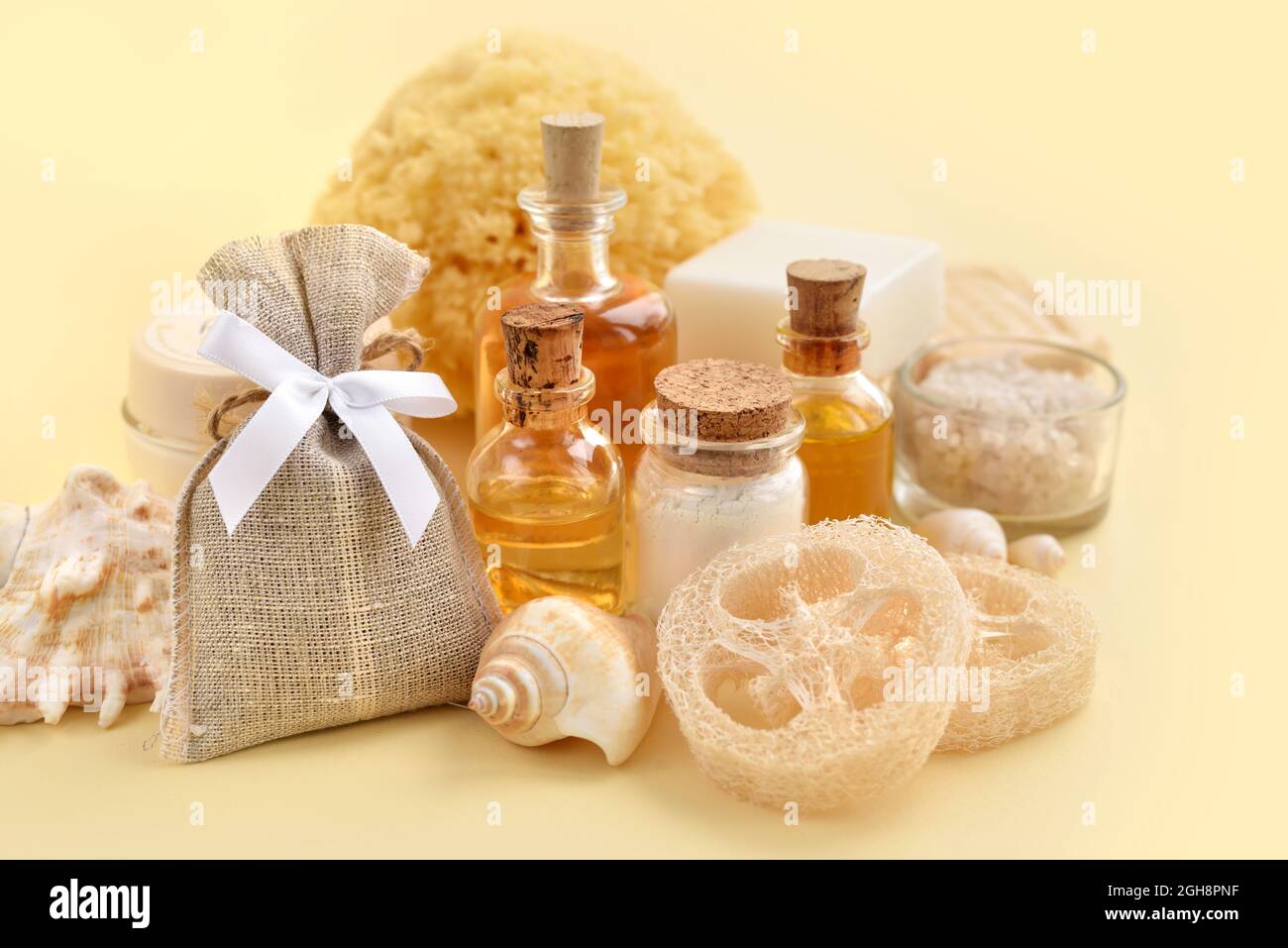 Natural cosmetics and bath accessories: bath salt, cream, bottles of ...