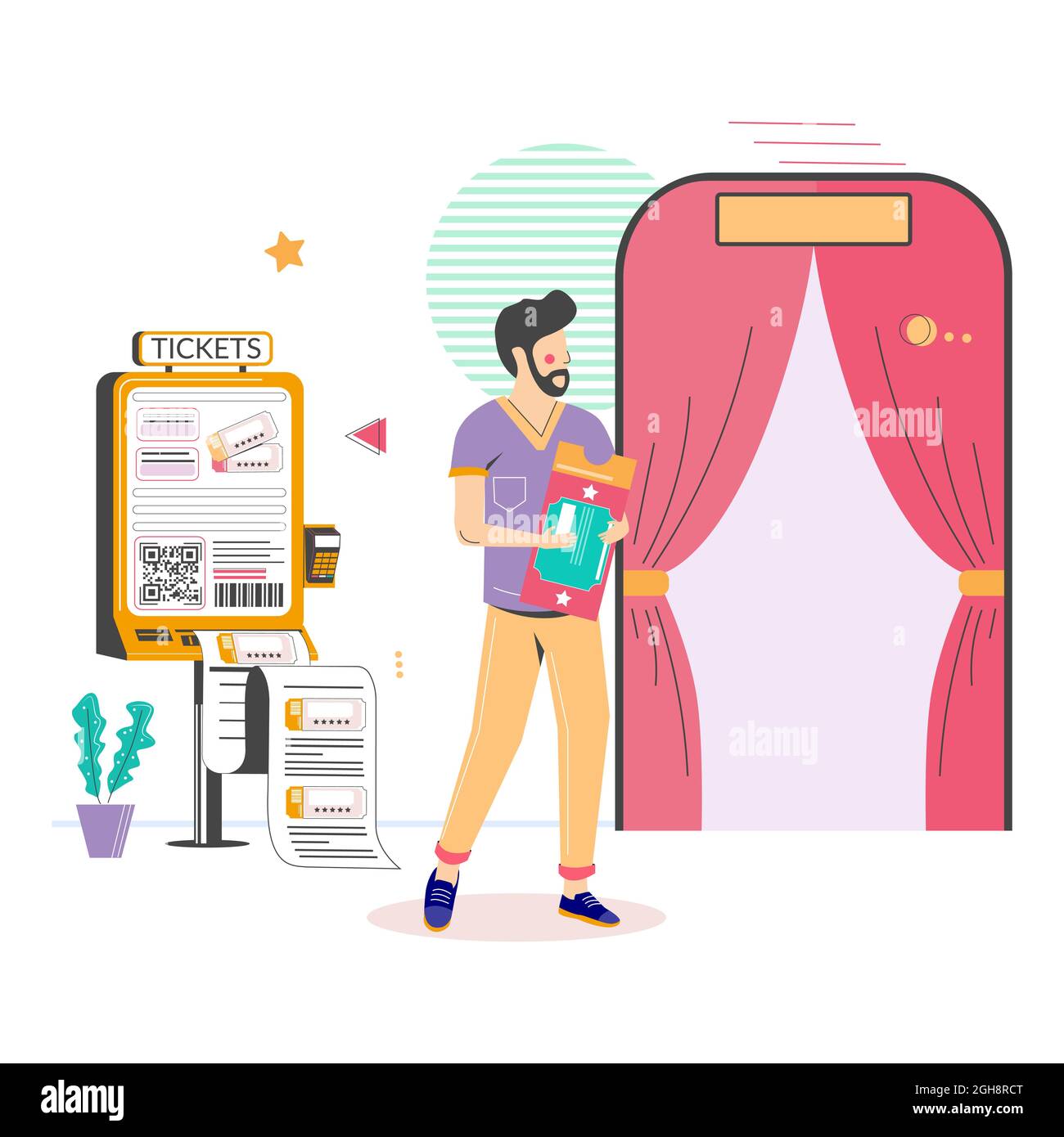 Cinema self service terminal. Man buying movie ticket at self service ...