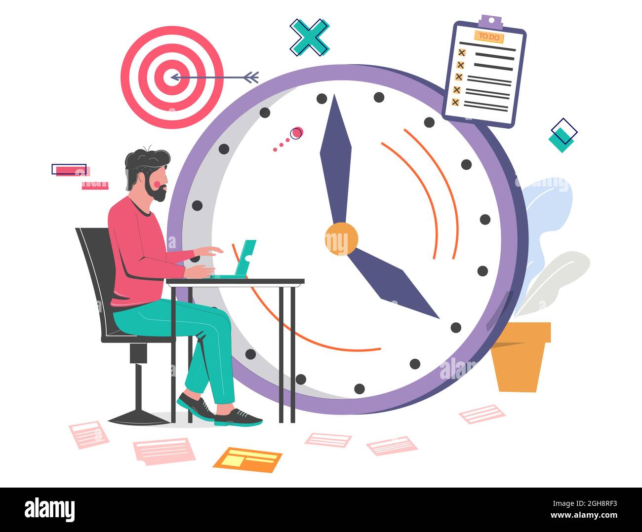 Office man working on laptop. Clock, target, checklist, vector ...