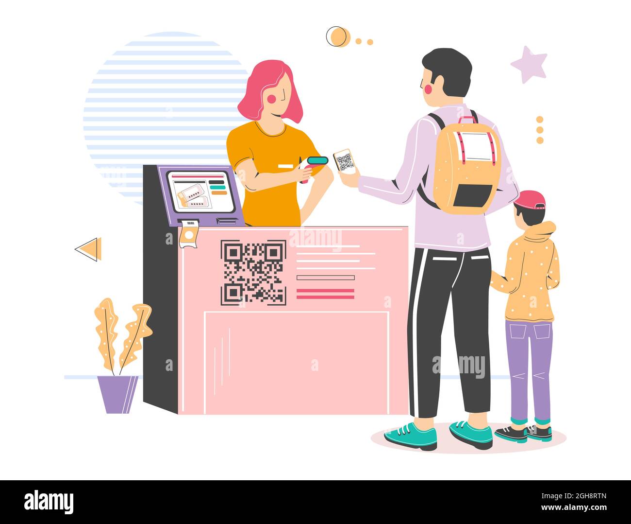 Qr code check-in, scanning at cinema entrance, vector illustration ...