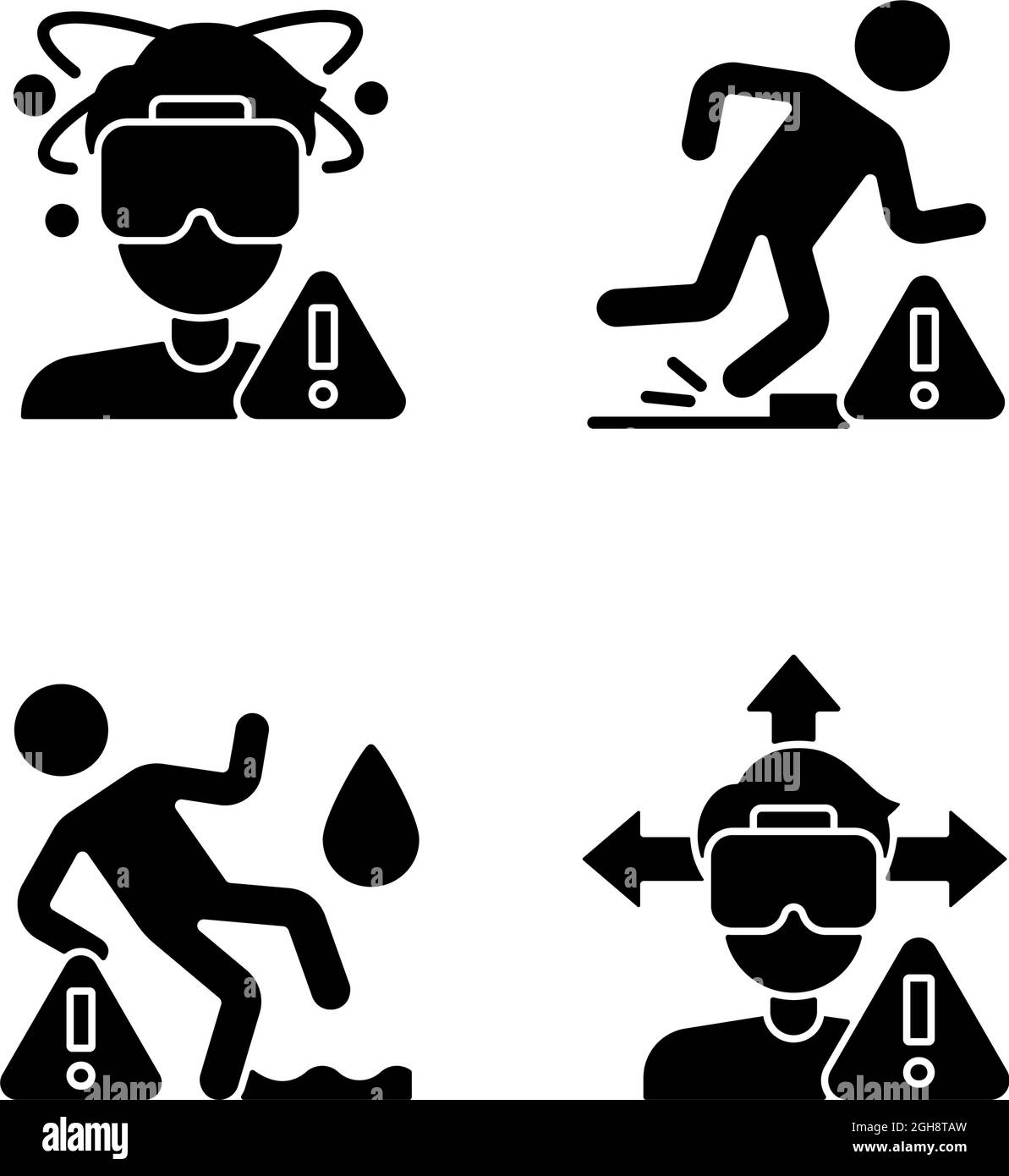 VR headset warning black glyph manual label icons set on white space ...