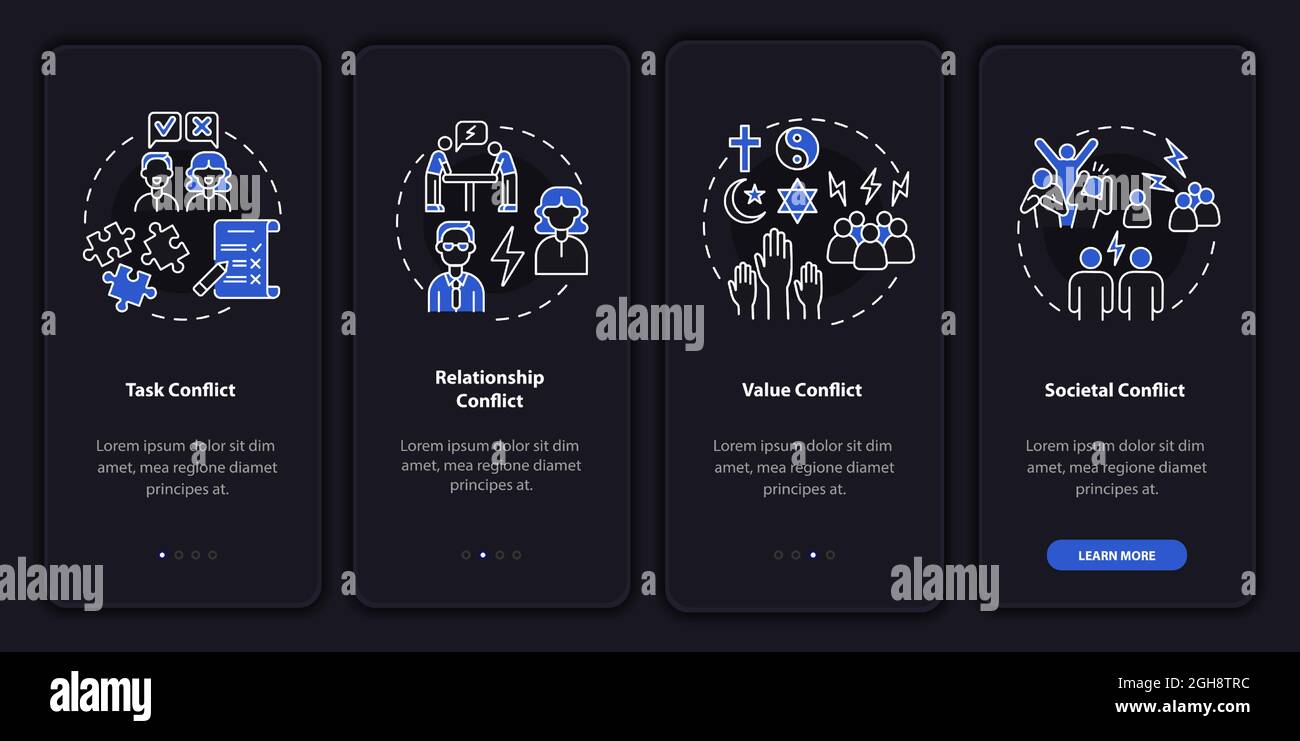 Different conflicts onboarding mobile app page screen Stock Vector ...
