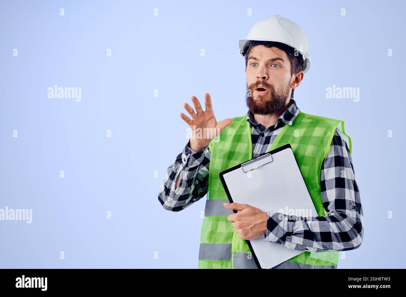 engineer with documents and drawings blueprints studio industry Stock ...