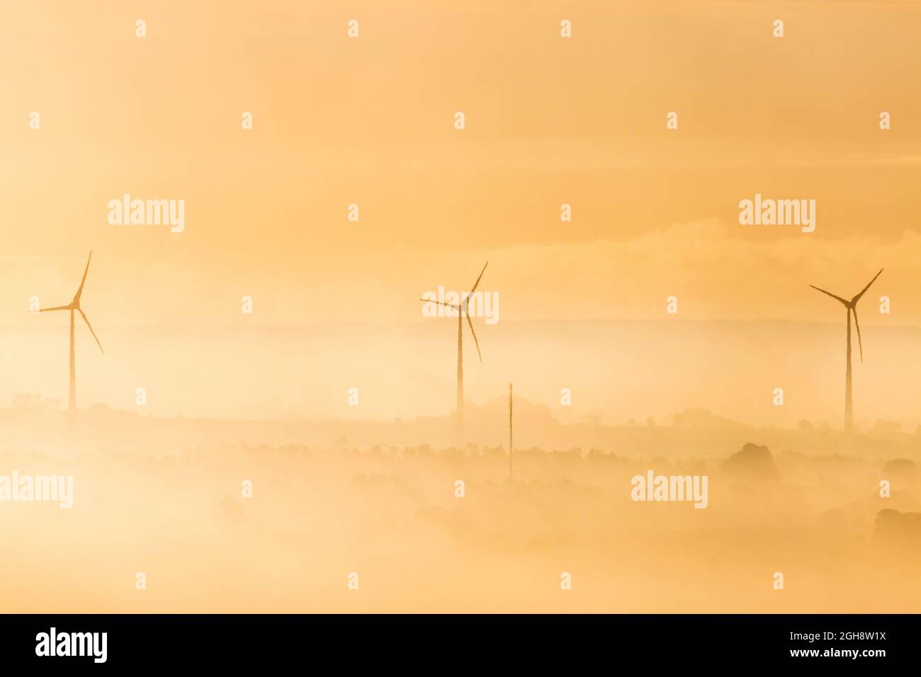 Wind turbines in morning mist Stock Photo - Alamy