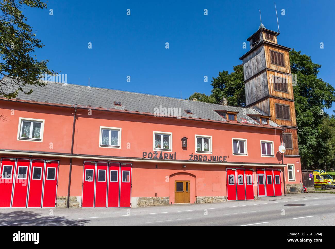 Red doors of the historic fire station in Volary, Czech Republic Stock ...