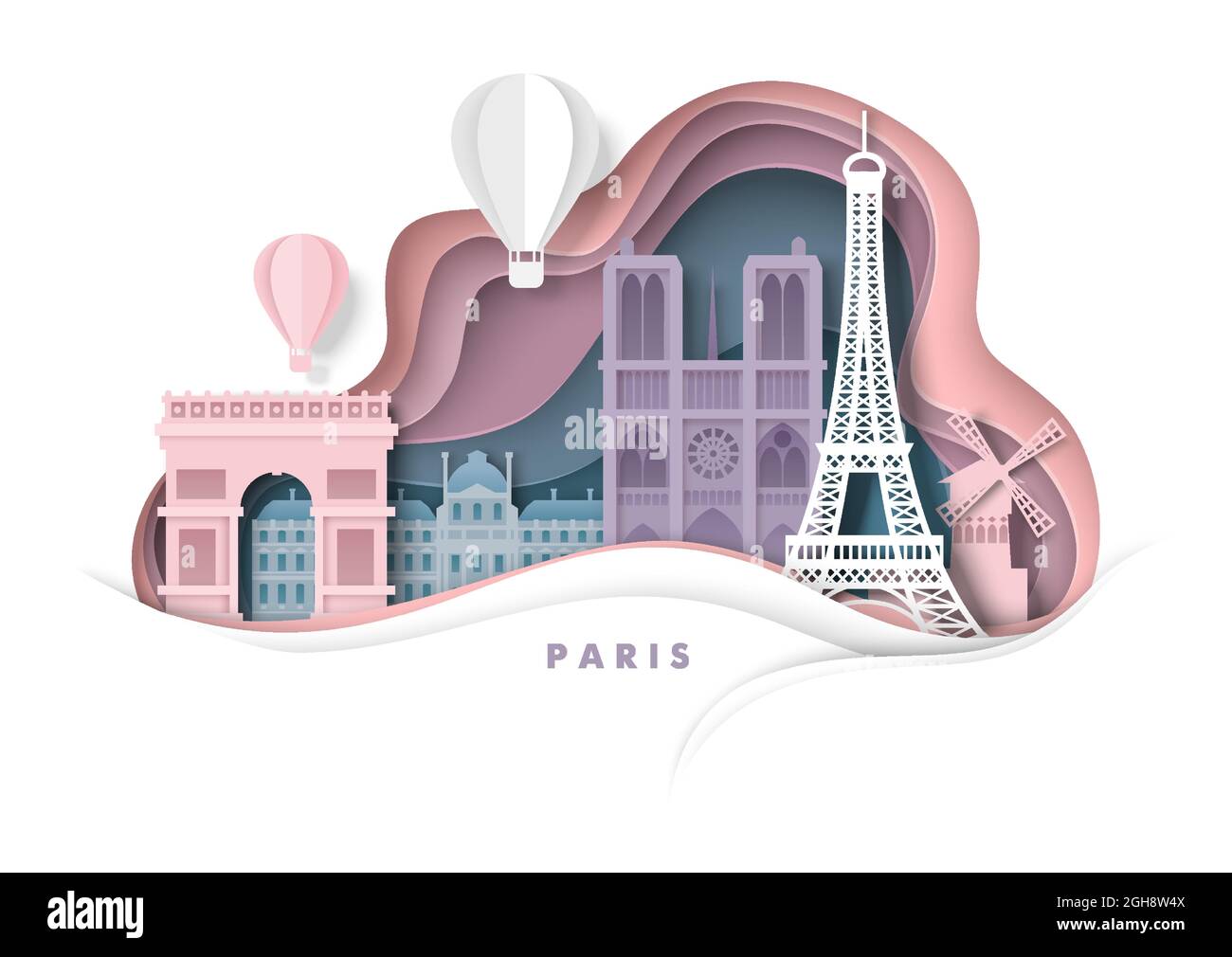 Paris city, France, vector paper cut illustration. Eiffel Tower, Notre Dame Cathedral, world ...