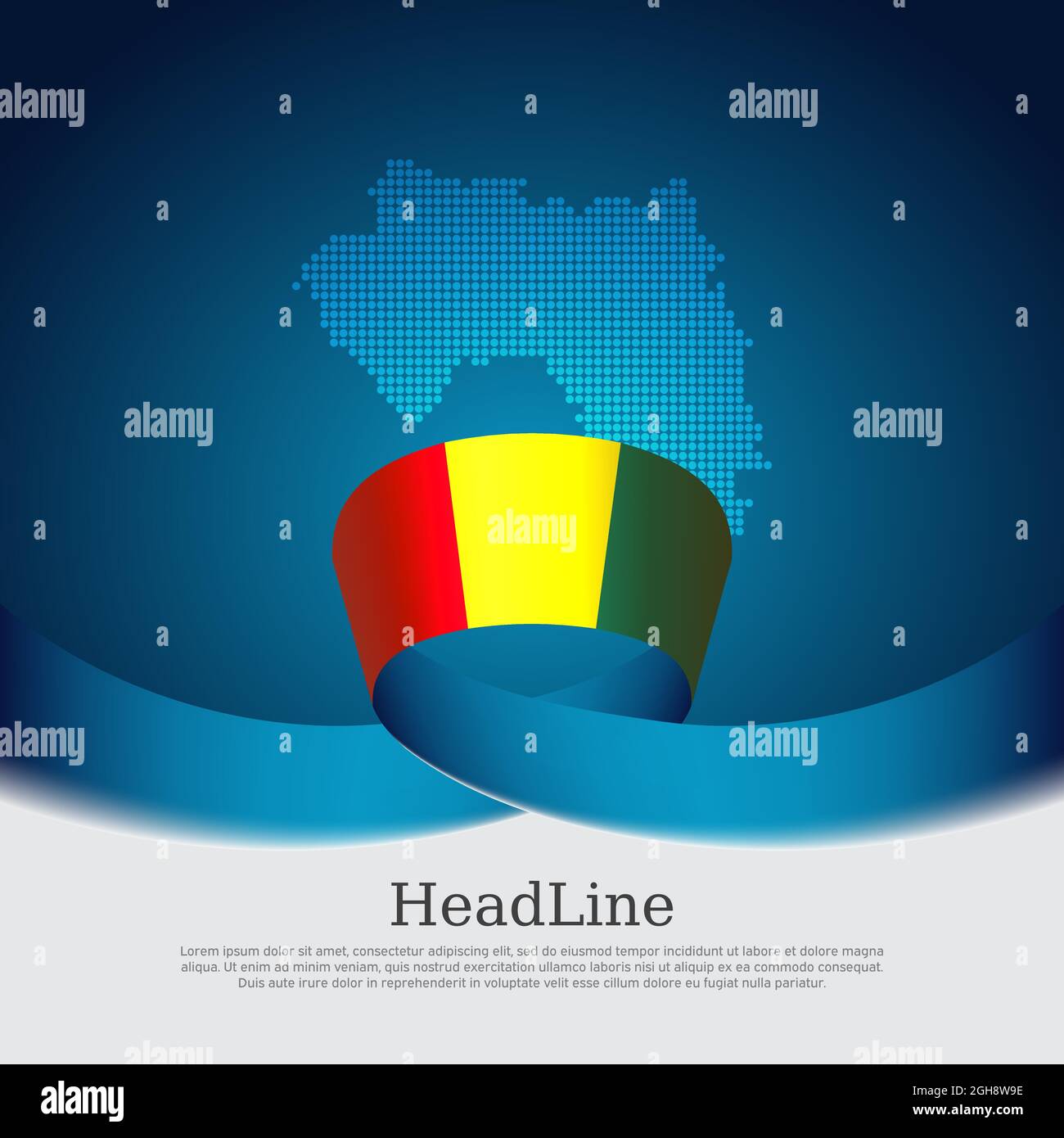 Guinea flag, mosaic map on blue white background. Wavy ribbon with the ...