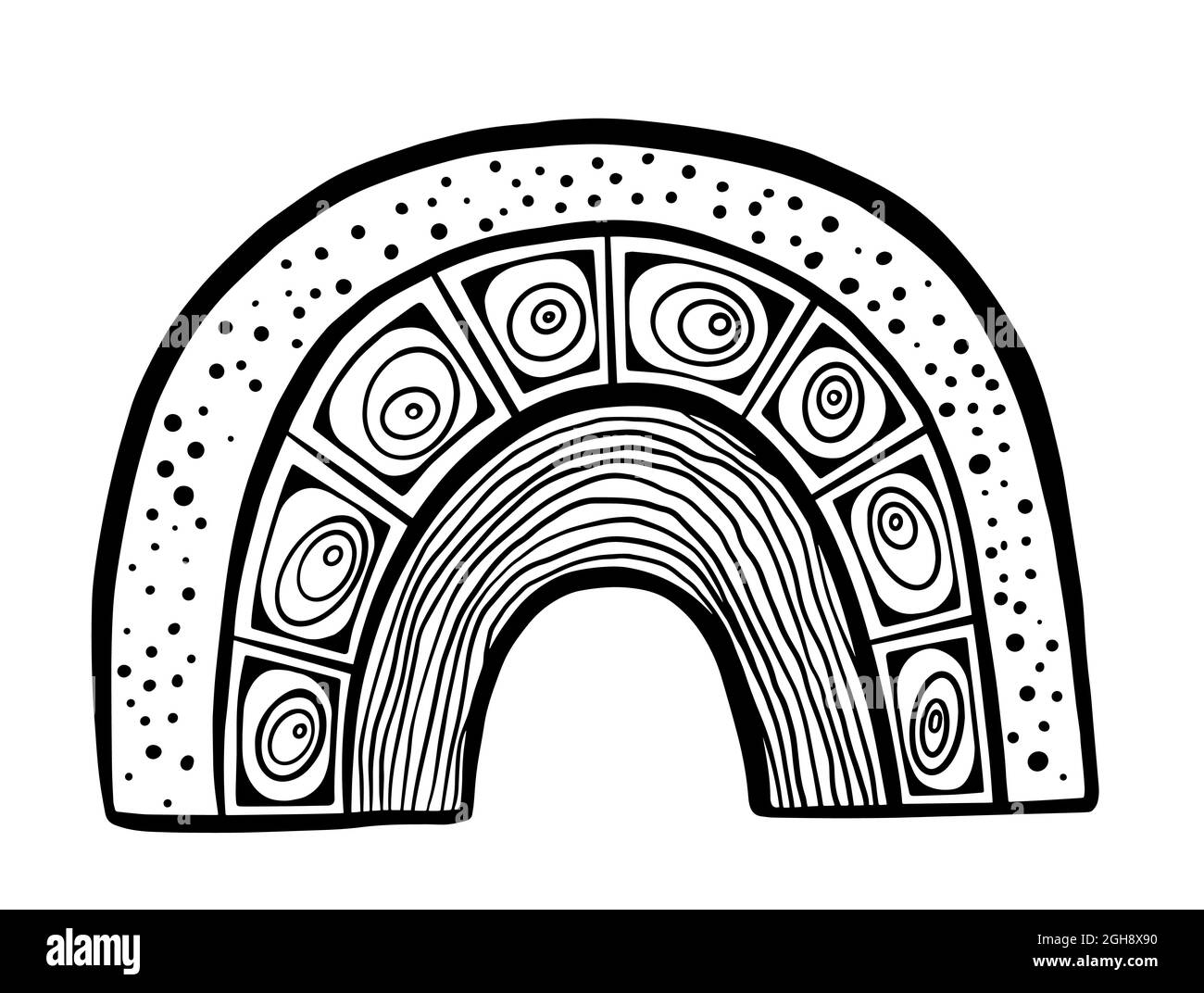 Hand drawn rainbow with patterns. Black object on white background ...