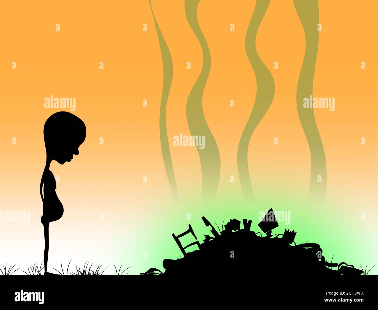 A malnourished and sick African child looks disconsolate at a pile of ...