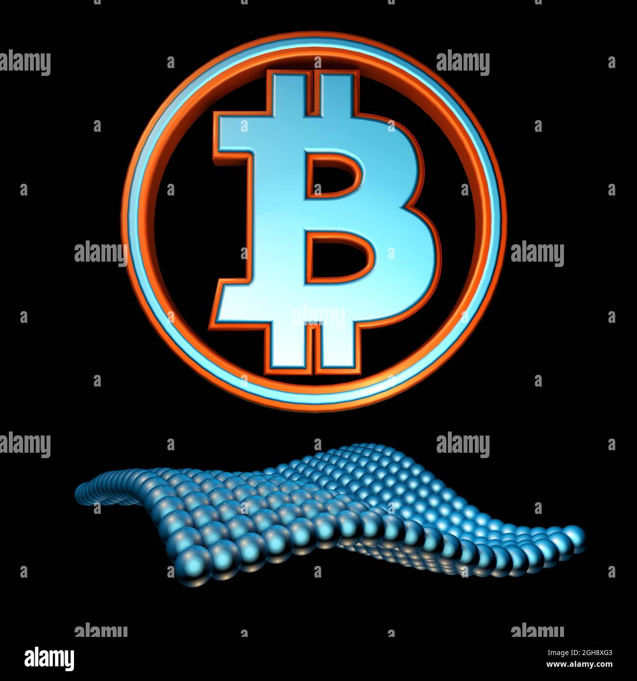 3D rendering of a bitcoin symbol with wave of sphere and black ...