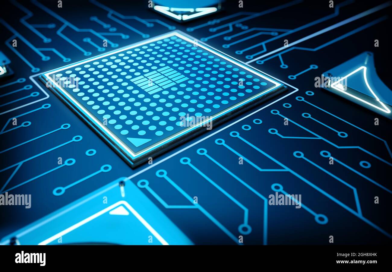 3d rendering of a dark blue motherboard with cpu Stock Photo - Alamy