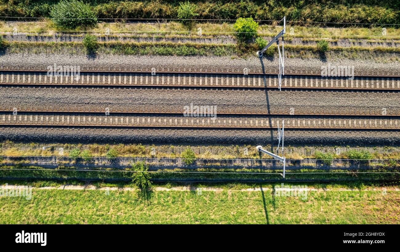 Aerial view from flying drone of railroad tracks. High quality photo ...