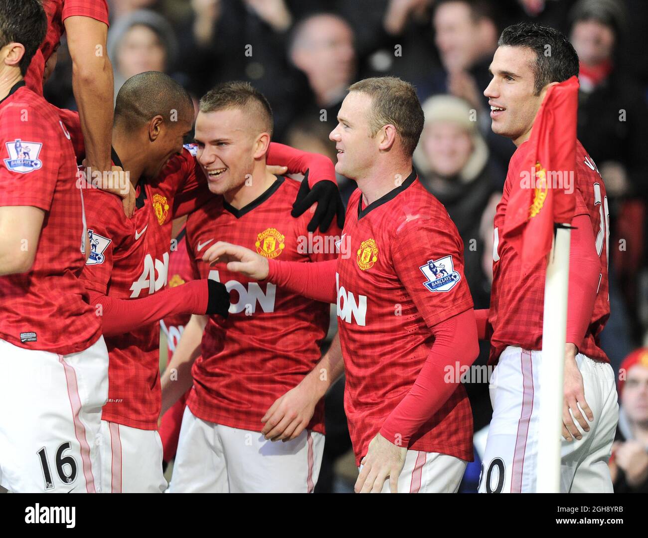 Tom Cleverley of Manchester United celebrates scoring with Ashley Young ...