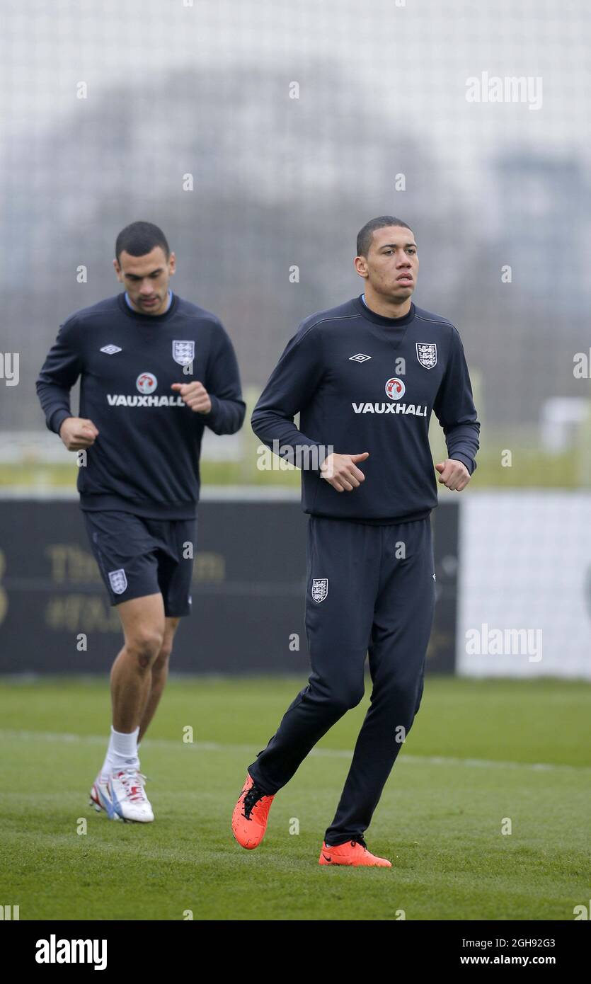 Steven Caulker and Chris Smalling in action during England training at ...