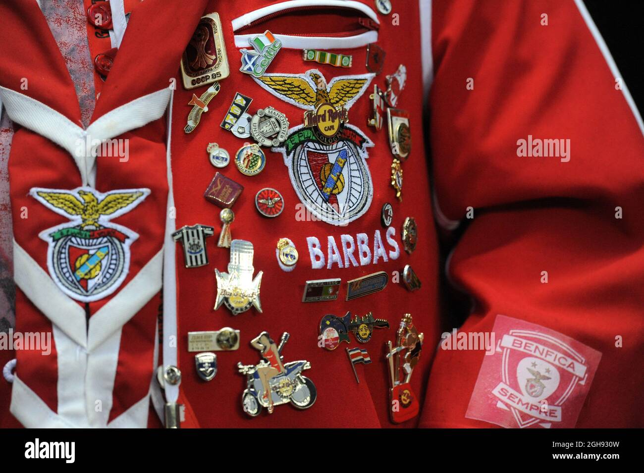 Close up of a Benfica fan's badge collection during the Europa League ...