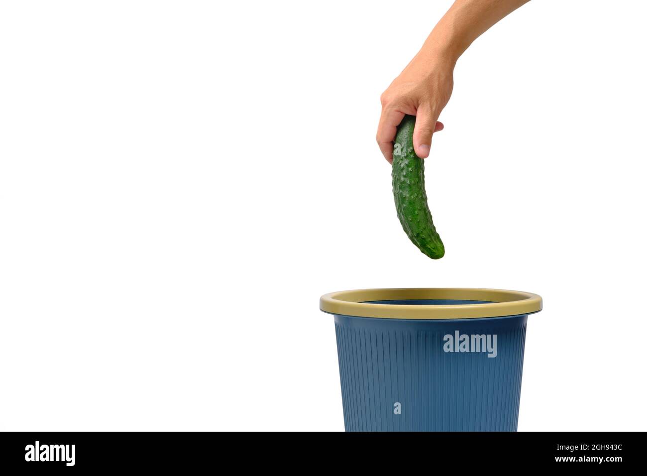 Spoiled cucumber is thrown into trash, on white background, isolate ...