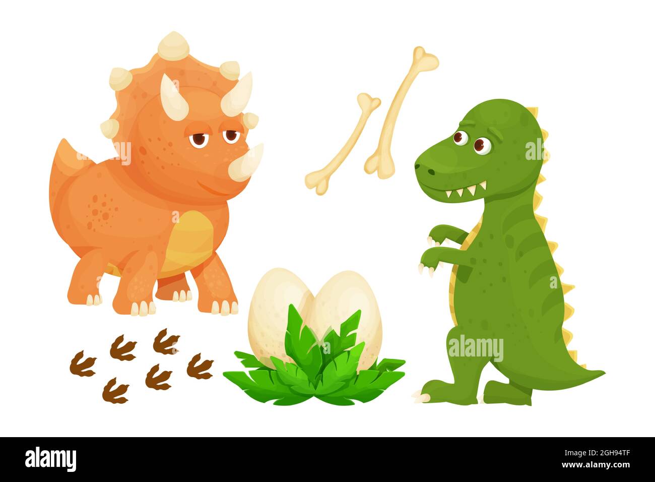 Set cute baby dinosaurs with dino egg, footprint, jurassic leaves and ...