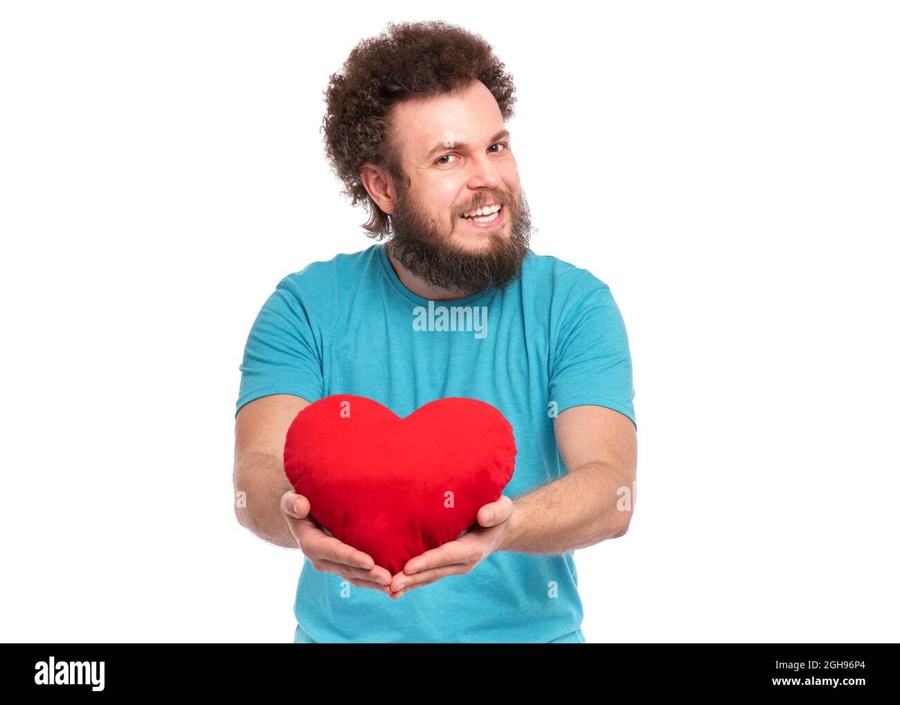 Happy Valentines Day. Crazy bearded Man with funny Curly Hair. Silly ...