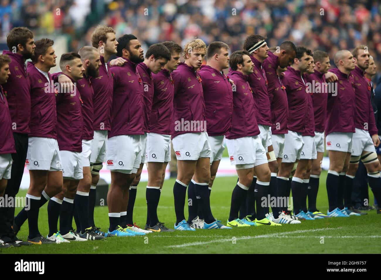 The England team line up for the anthems during the QBE Autumn ...