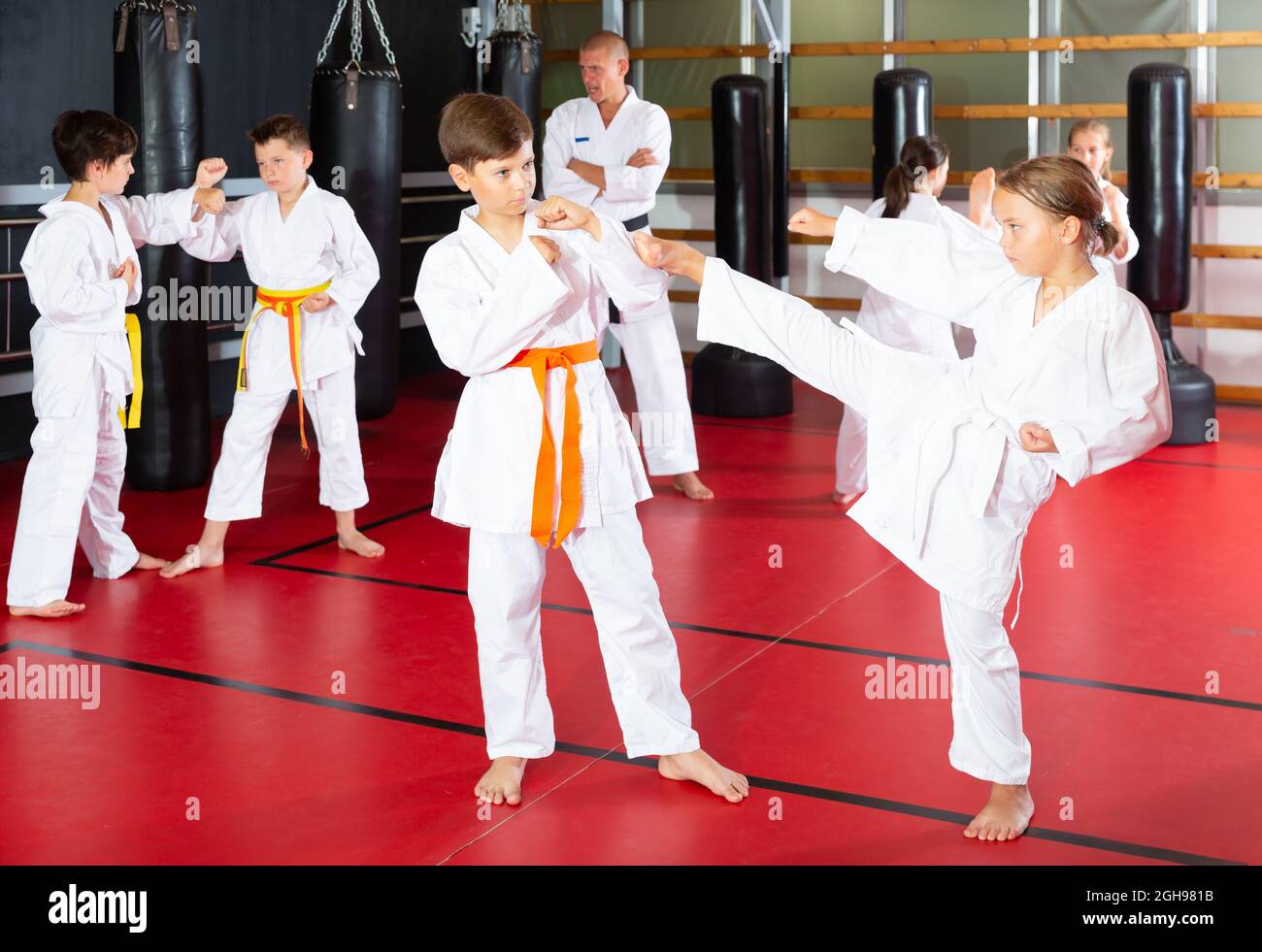 Preteen children practicing in pair karate movements with male trainer ...