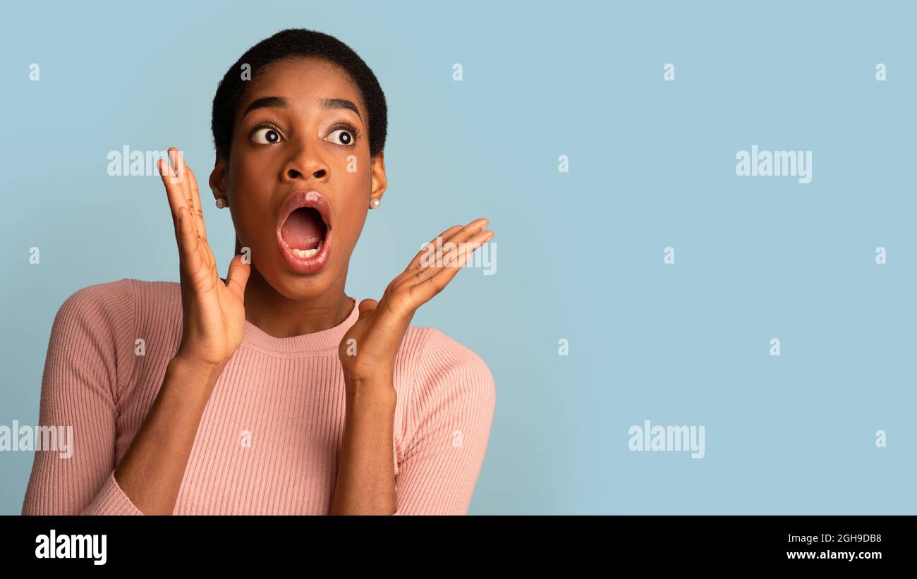 Shocking Offer. Surprised Female Looking Aside With Open Mouth And ...