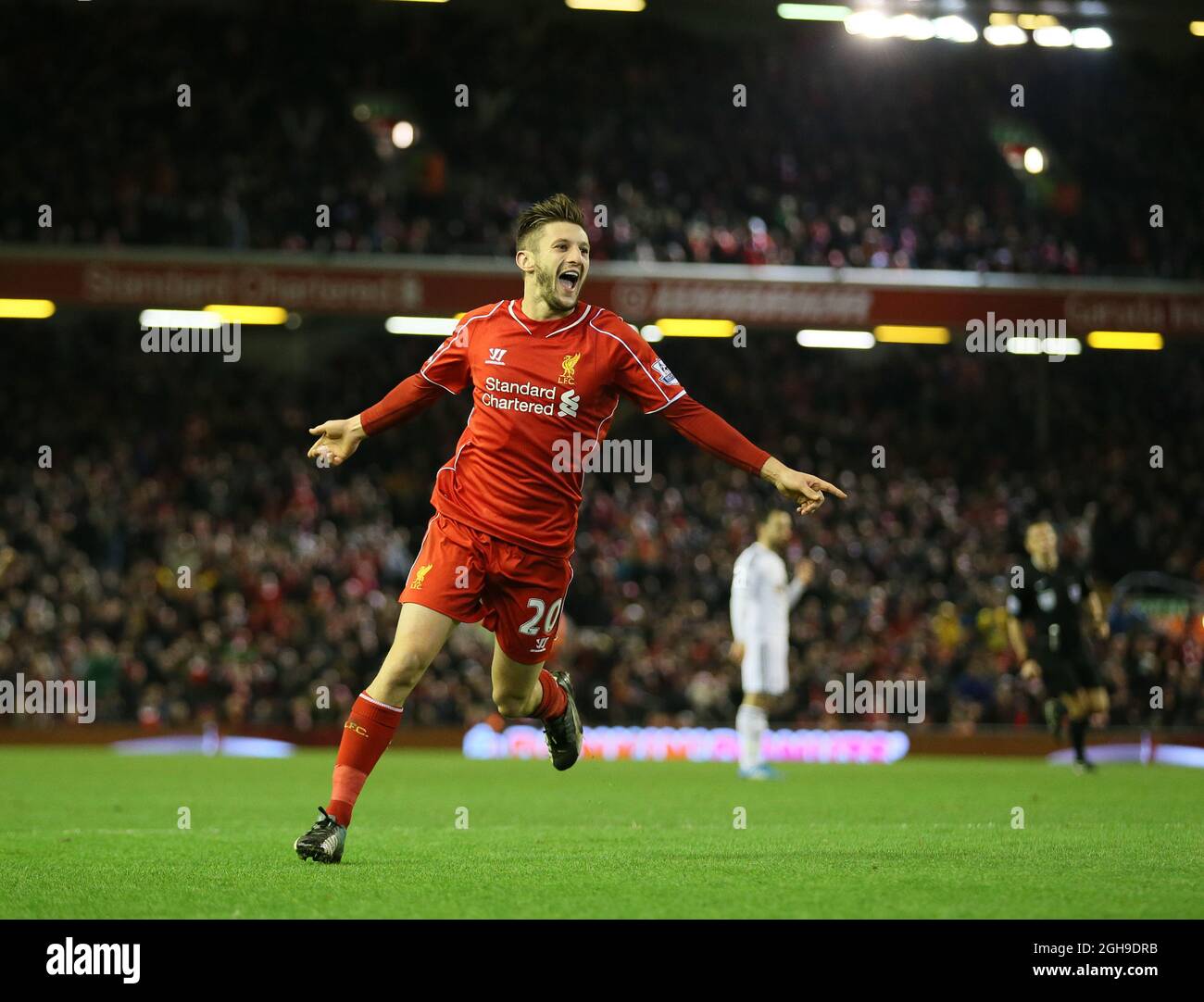 Adam Lallana of Liverpool celebrates scoring the second goal during the ...