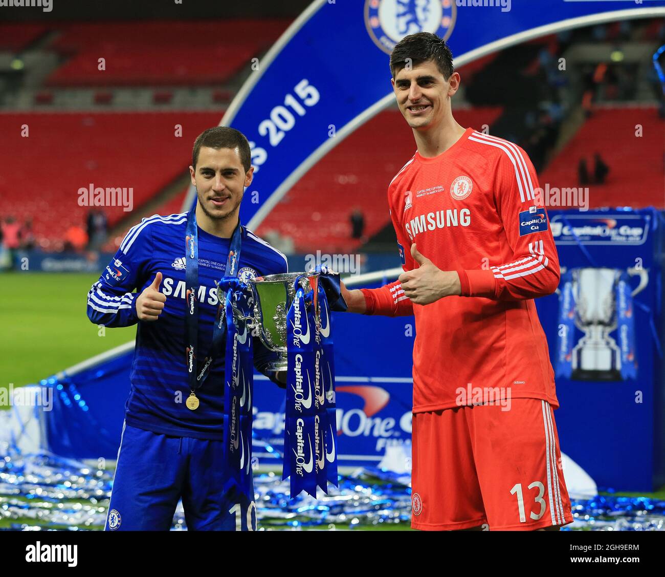 Chelsea's Eden Hazard and Thibaut Courtois celebrate with the trophy ...