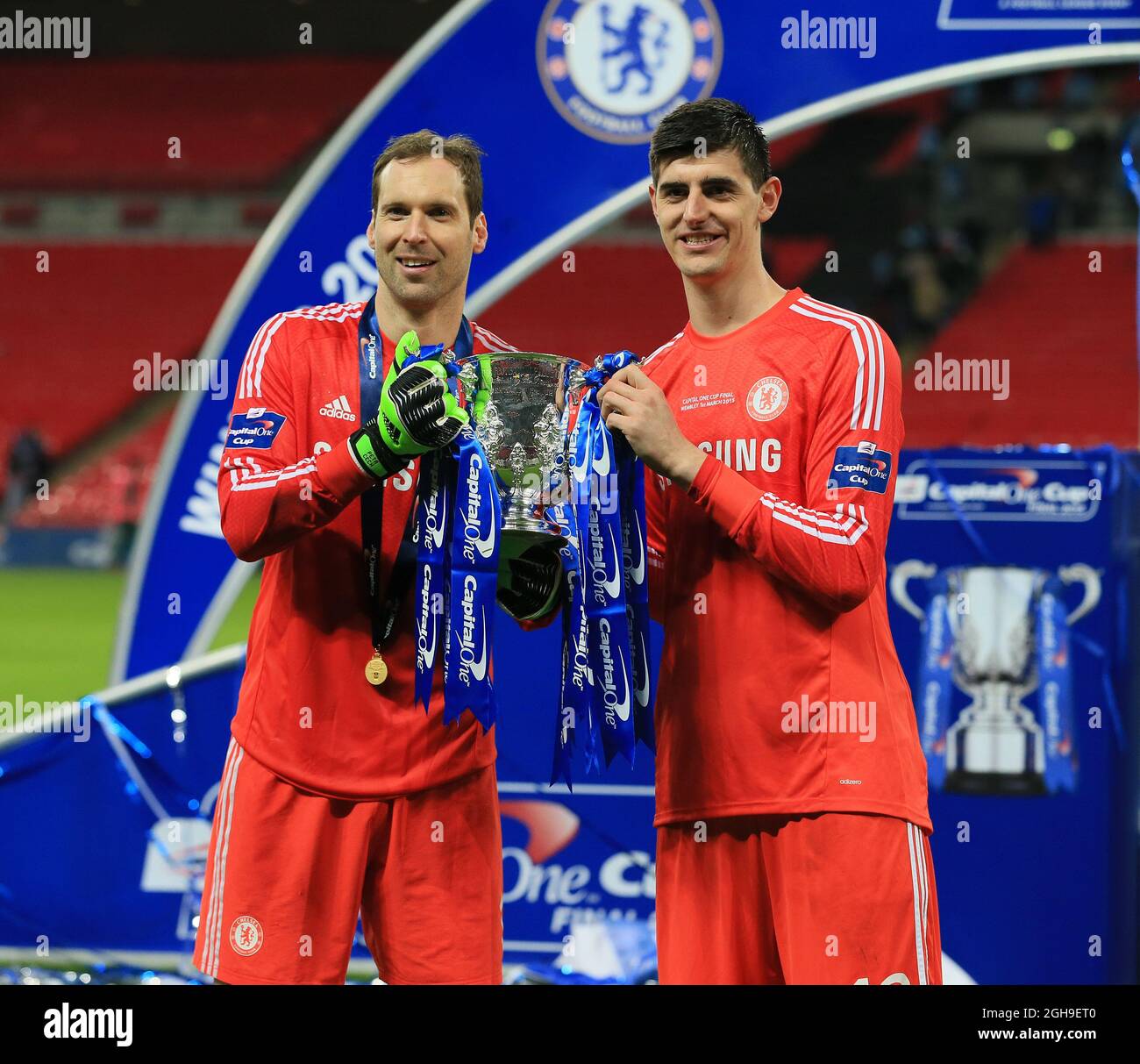 Chelsea's Petr Cech and Thibaut Courtois celebrate with the trophy ...