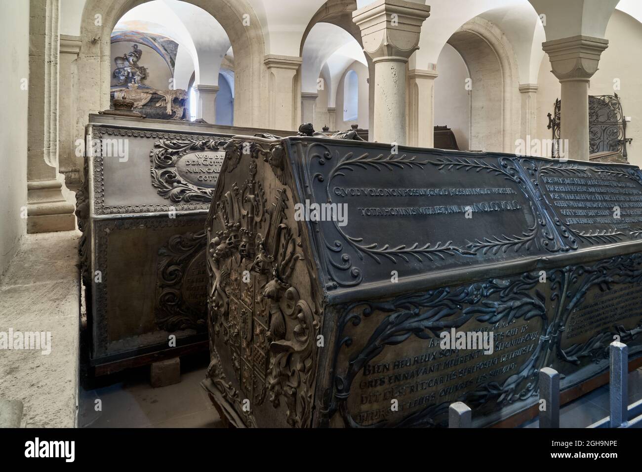 Braunschweig, Germany, August 28, 2021: Medieval inscribed coffins in ...