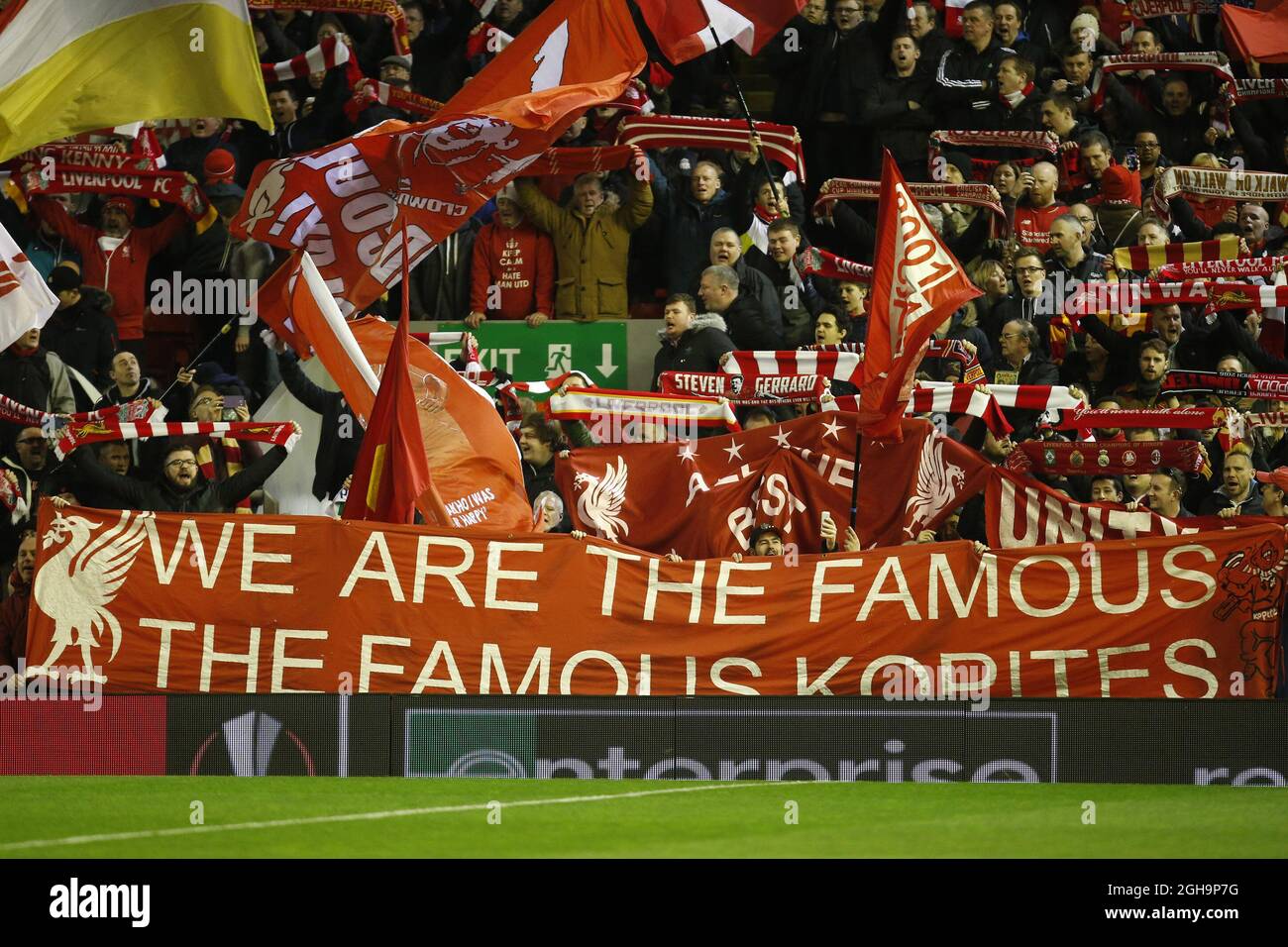 The Kop fly flags during the UEFA Europa League match at Anfield. Photo ...