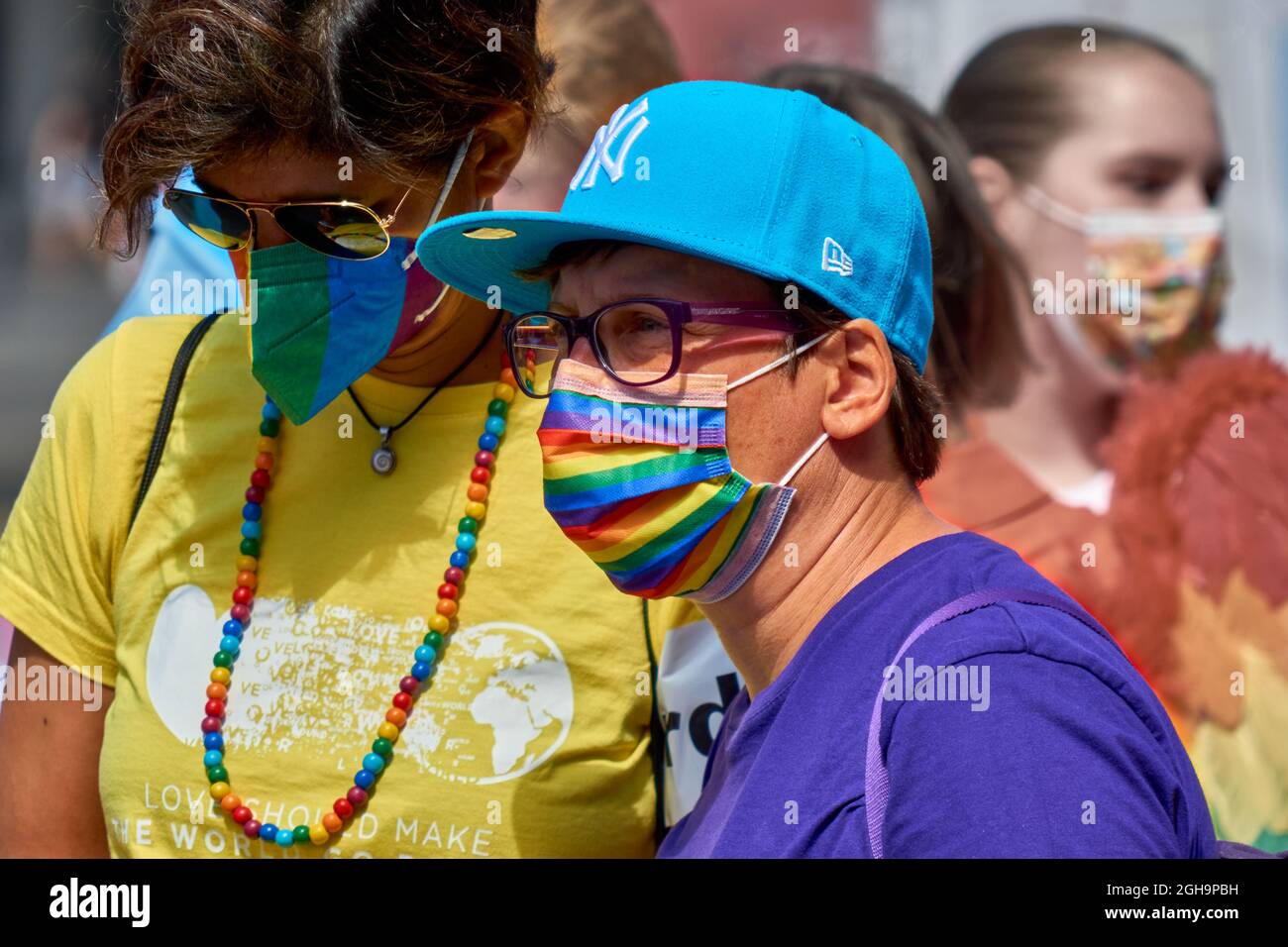 Braunschweig, Germany, August 14, 2021: Two middle-aged women with face ...