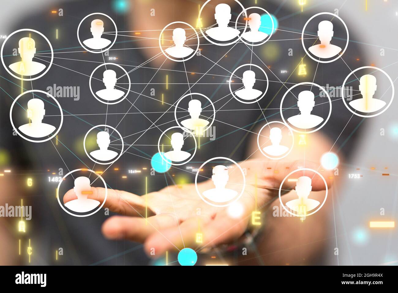 Social networking illustration in a hand of a man as a concept of team ...