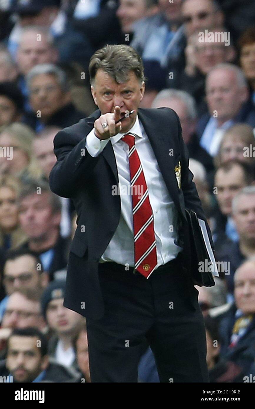 Louis Van Gaal, manager of Manchester United points during the Barclays ...