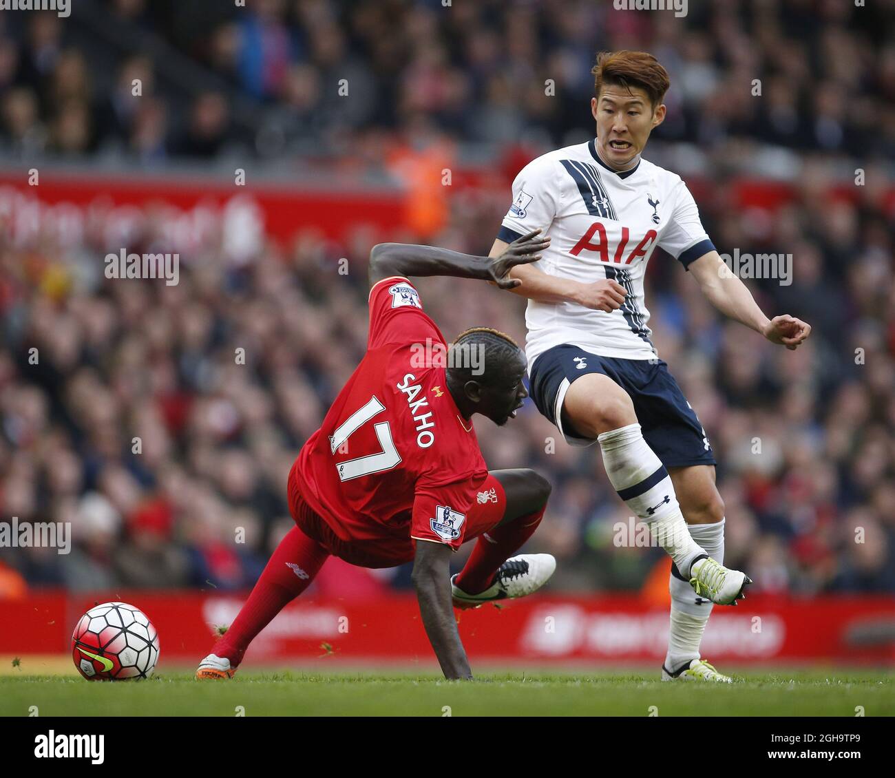 Tottenham's Heung-Min Son rounds Mamadou Sakho of Liverpool during the ...