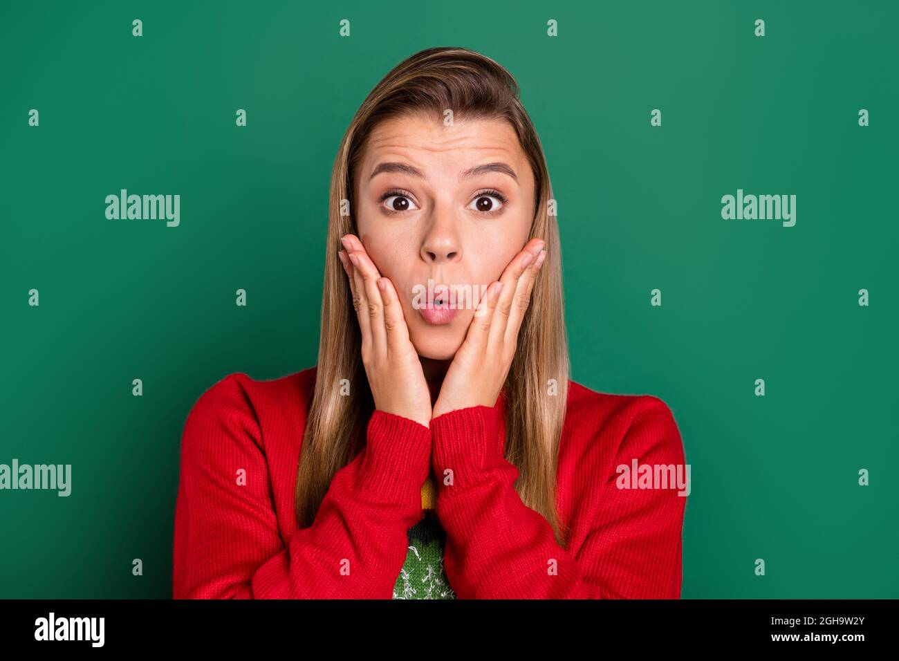 Portrait of attractive amazed worried funky girl sudden news reaction ...