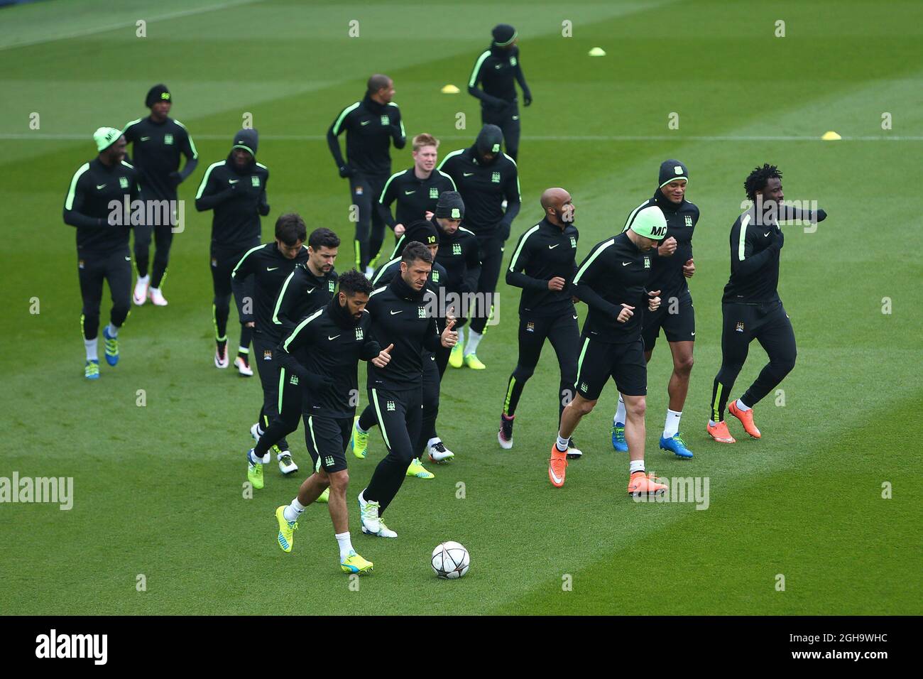 A general view as the players warm up during the UEFA Champions League ...
