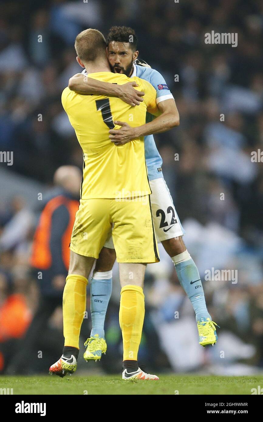 Gael Clichy of Manchester City celebrates with Joe Hart during the UEFA ...