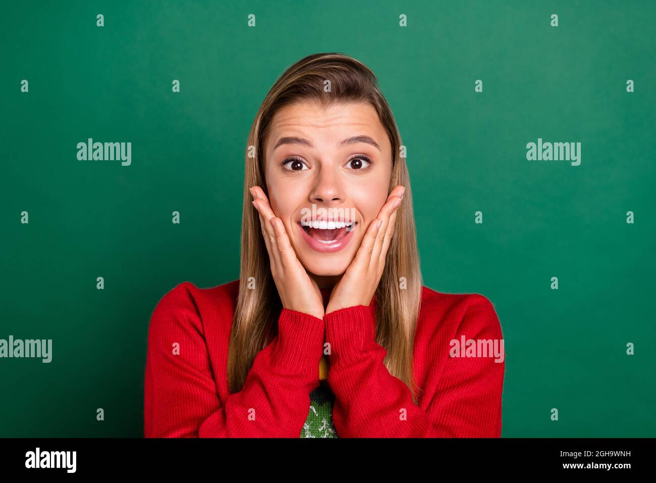 Portrait of attractive amazed cheerful girl sudden news reaction festal ...