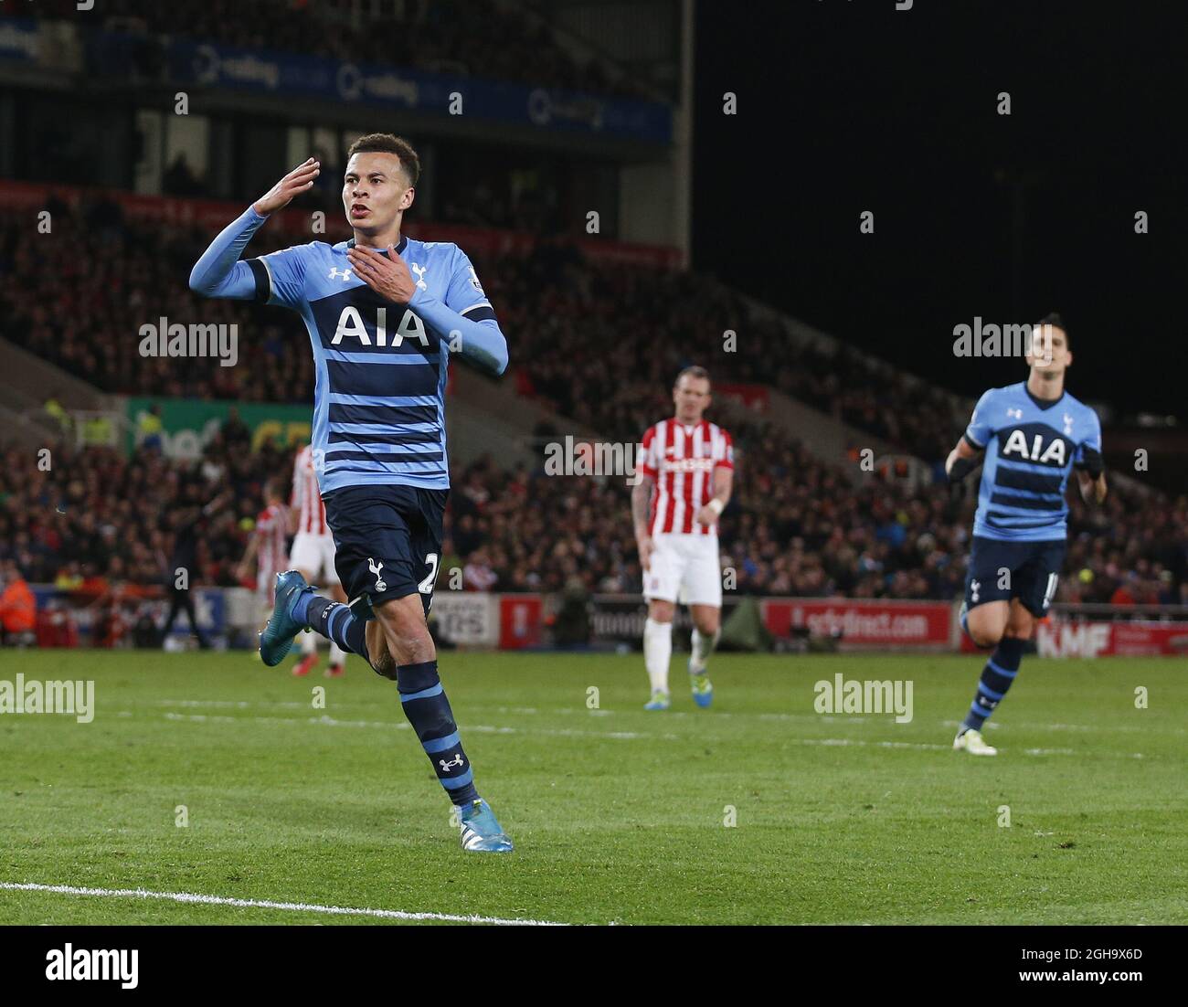 Dele Alli of Tottenham celebrates scoring the second goal past Shay ...