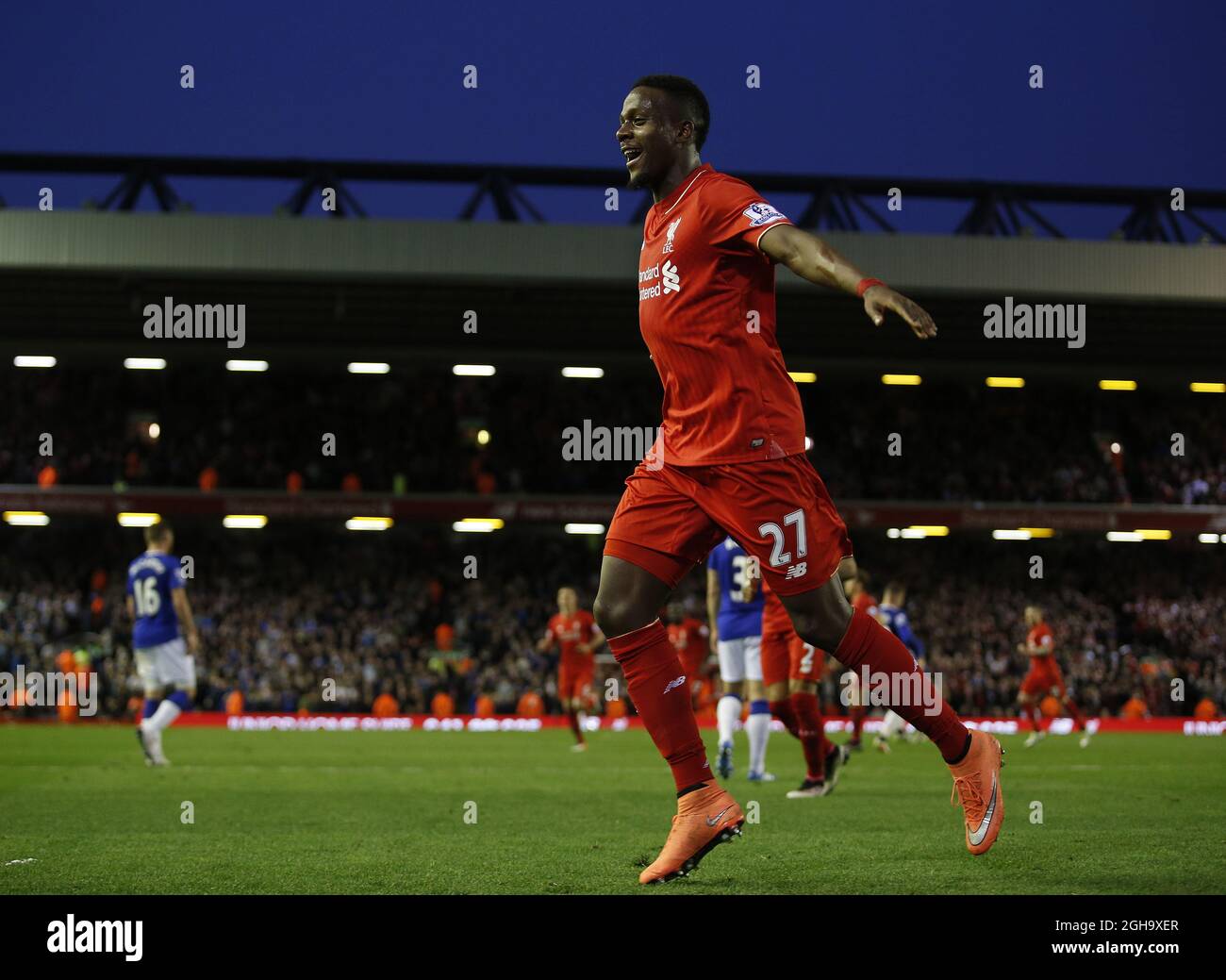 Divock Origi of Liverpool (l) celebrates scoring the first goal during ...