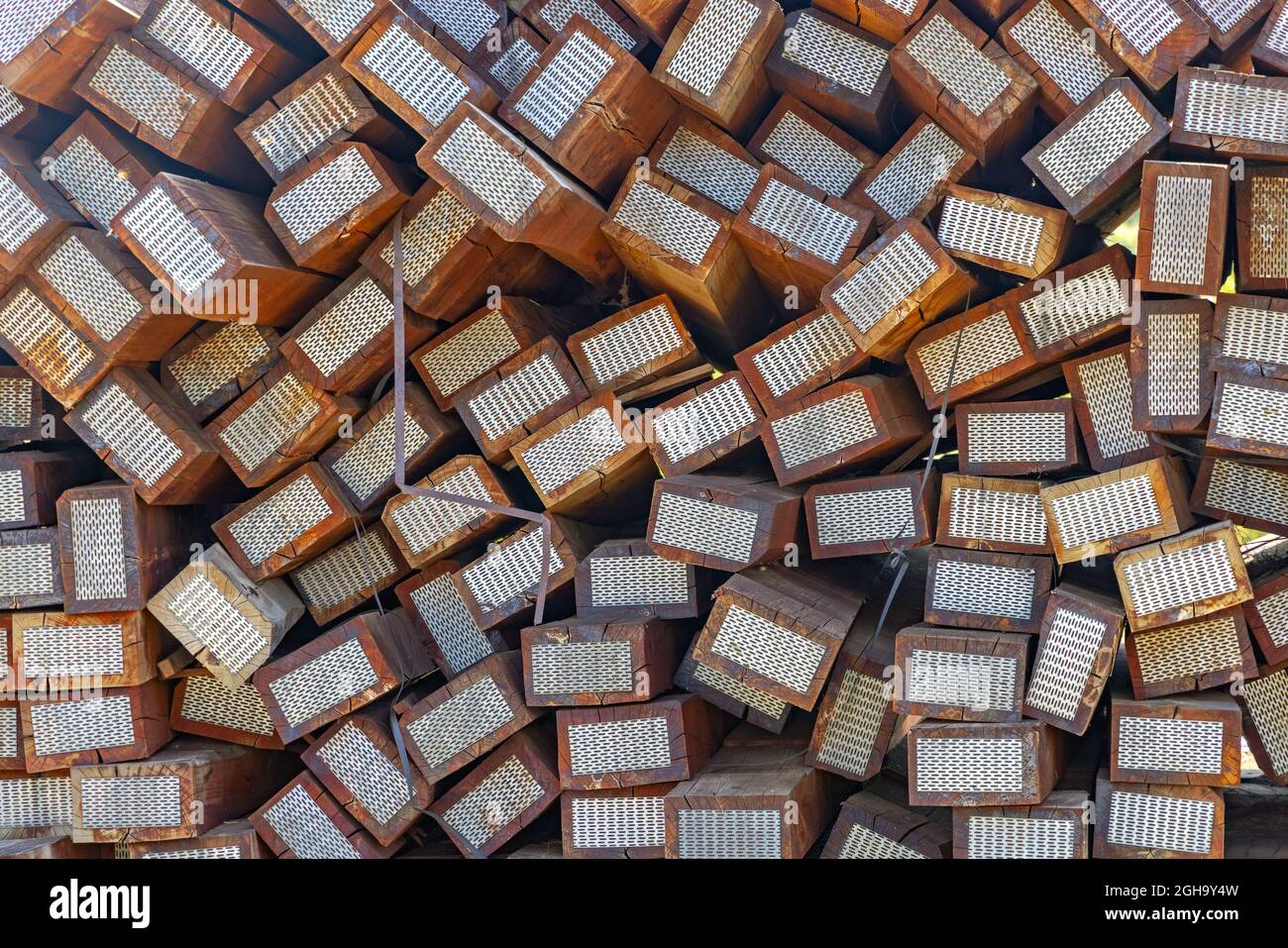 Big Stack of Railroad Ties With Metal Ends Stock Photo - Alamy