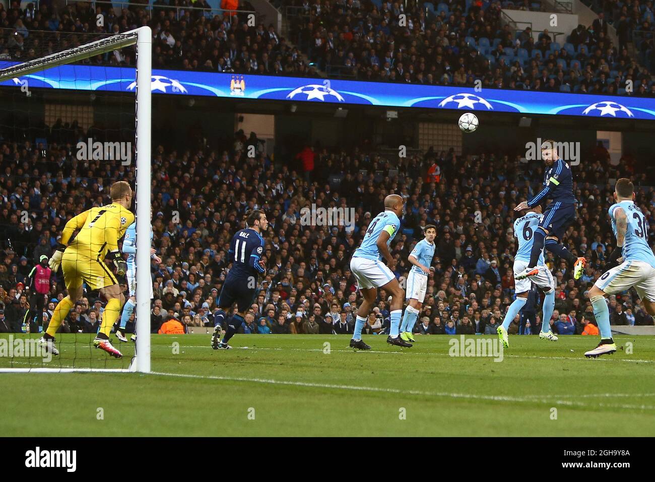 Sergio Ramos of Real Madrid sends a header towards goal during the UEFA ...