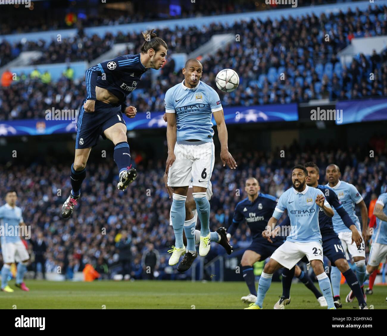 Gareth Bale of Real Madrid attempts to connect with a cross during the ...